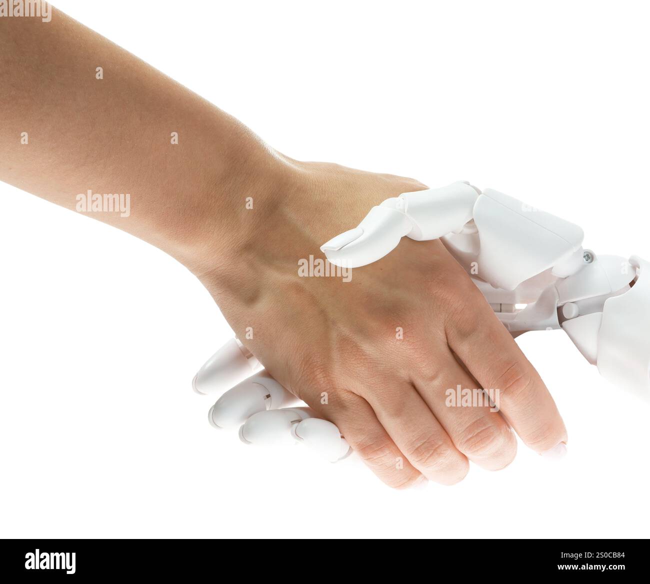 Artificial intelligence. Woman shaking hands with robot on white ...