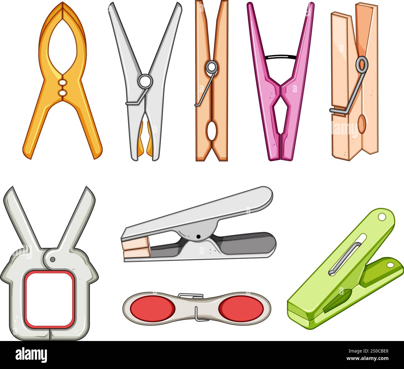 clothespin set cartoon. peg wooden, plastic grip, line secure ...