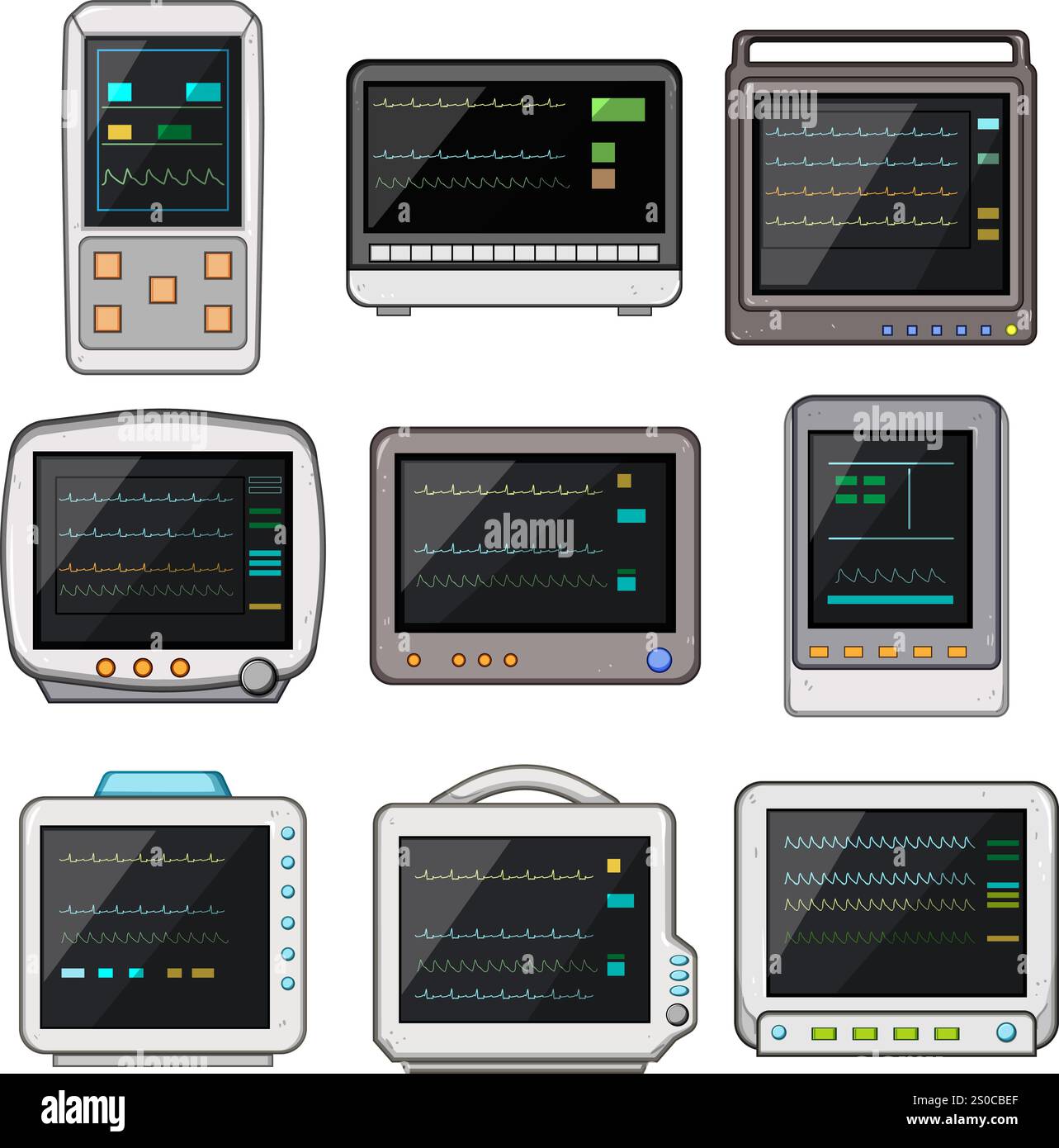 ekg monitor set cartoon. electrodes waveform, diagnosis healthcare ...