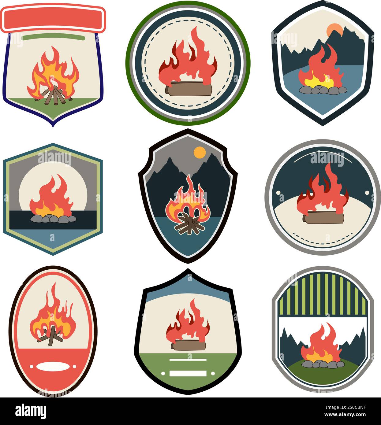 retro bonfire badge set cartoon. nostalgia outdoors, scout adventure ...