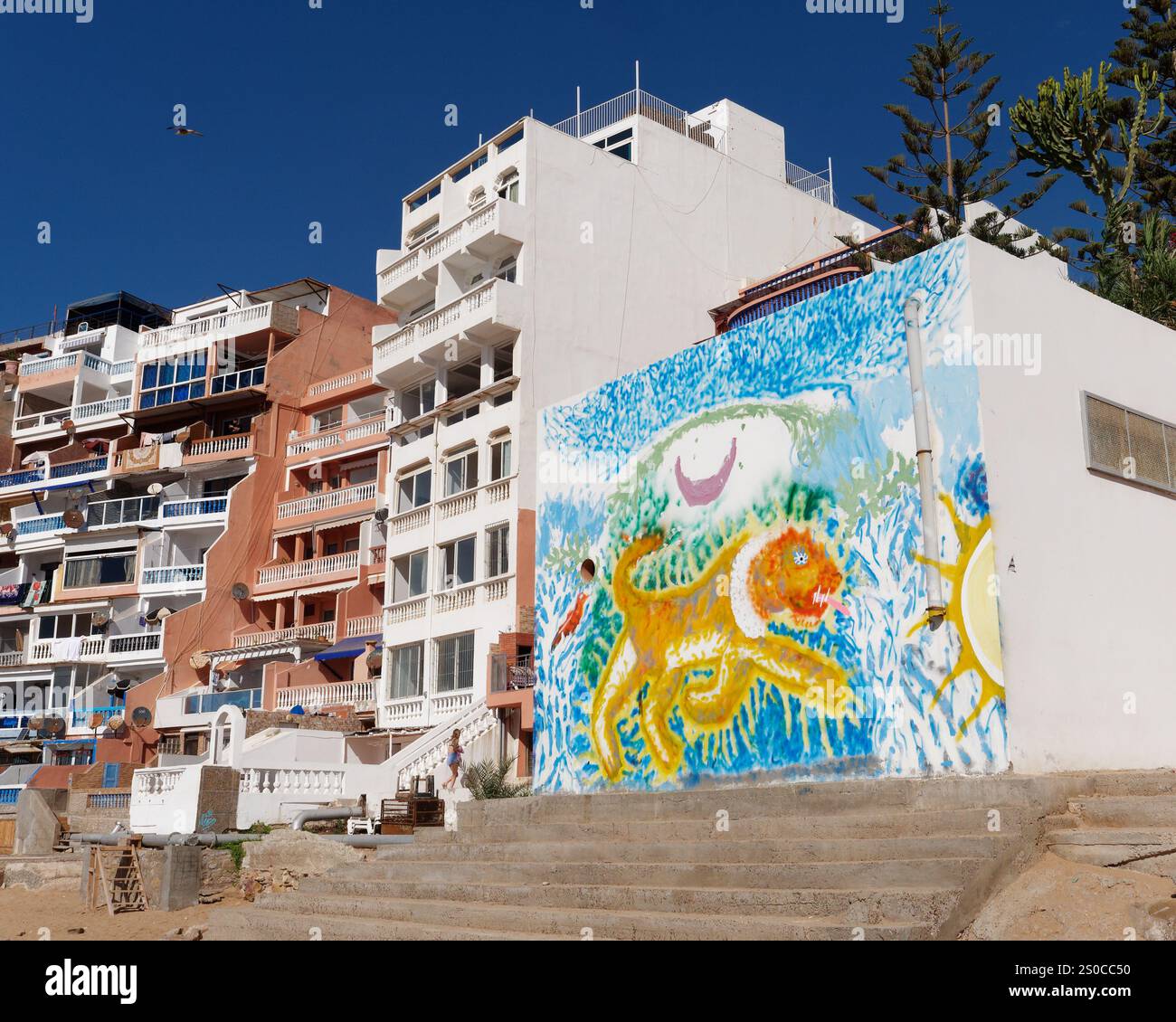 Apartments and Street Art in the village of Taghazout, Morocco. Dec 27 ...