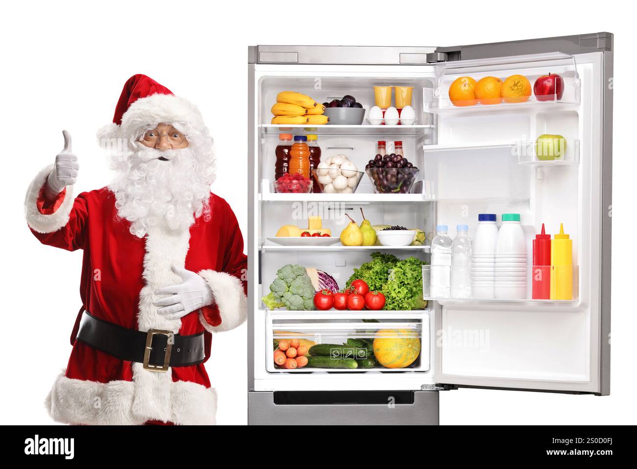Santa claus leaning on an open fridge and showing thumbs up isolated on ...