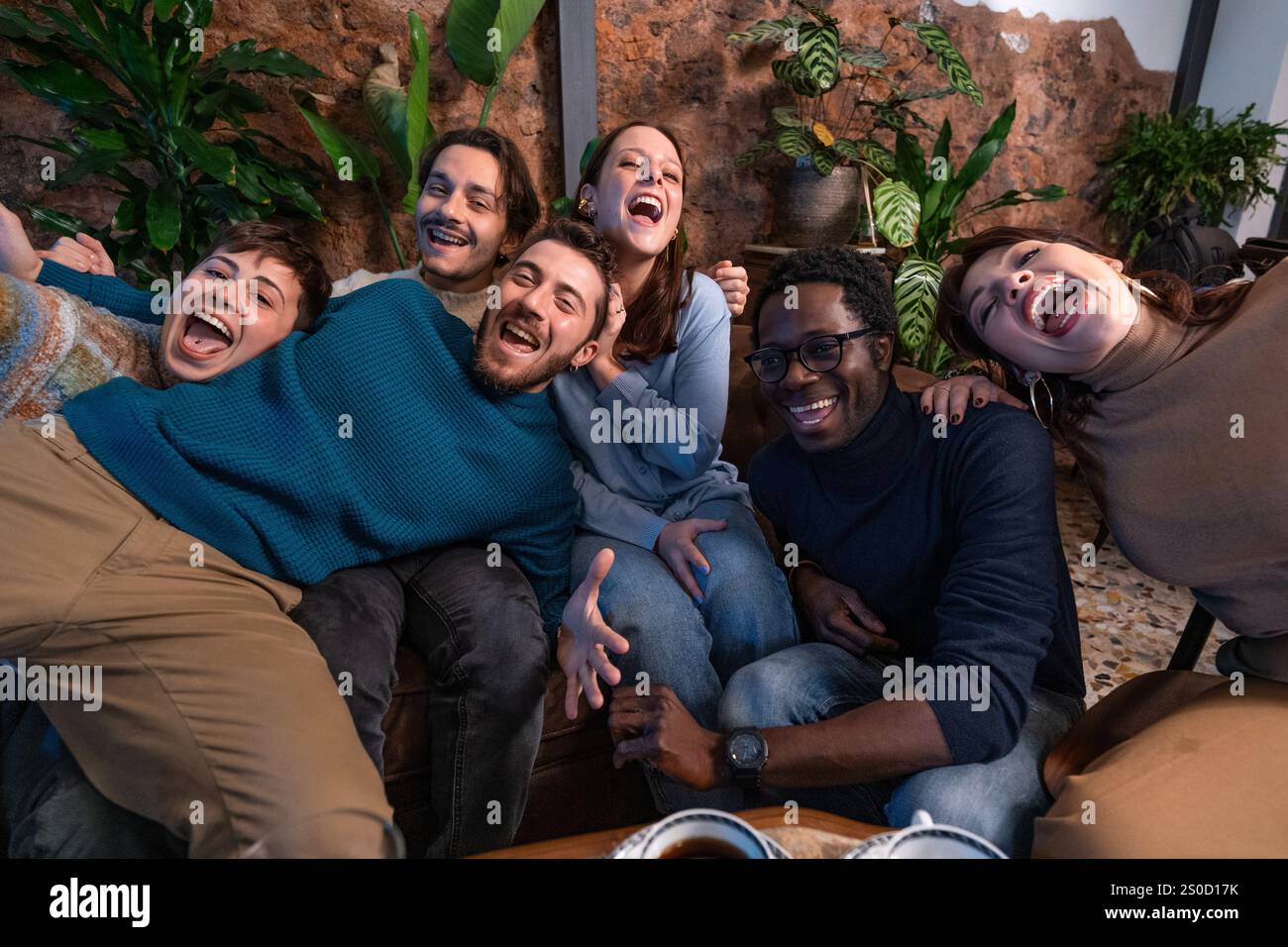 Friendly diverse group bonding and laughing together in a relaxed cafe ...