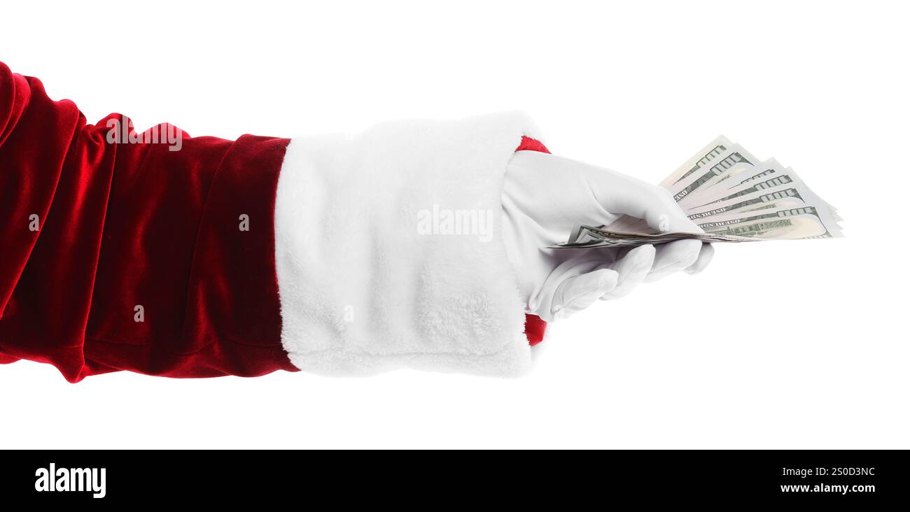 Santa Claus holding dollar banknotes on white background, closeup Stock ...