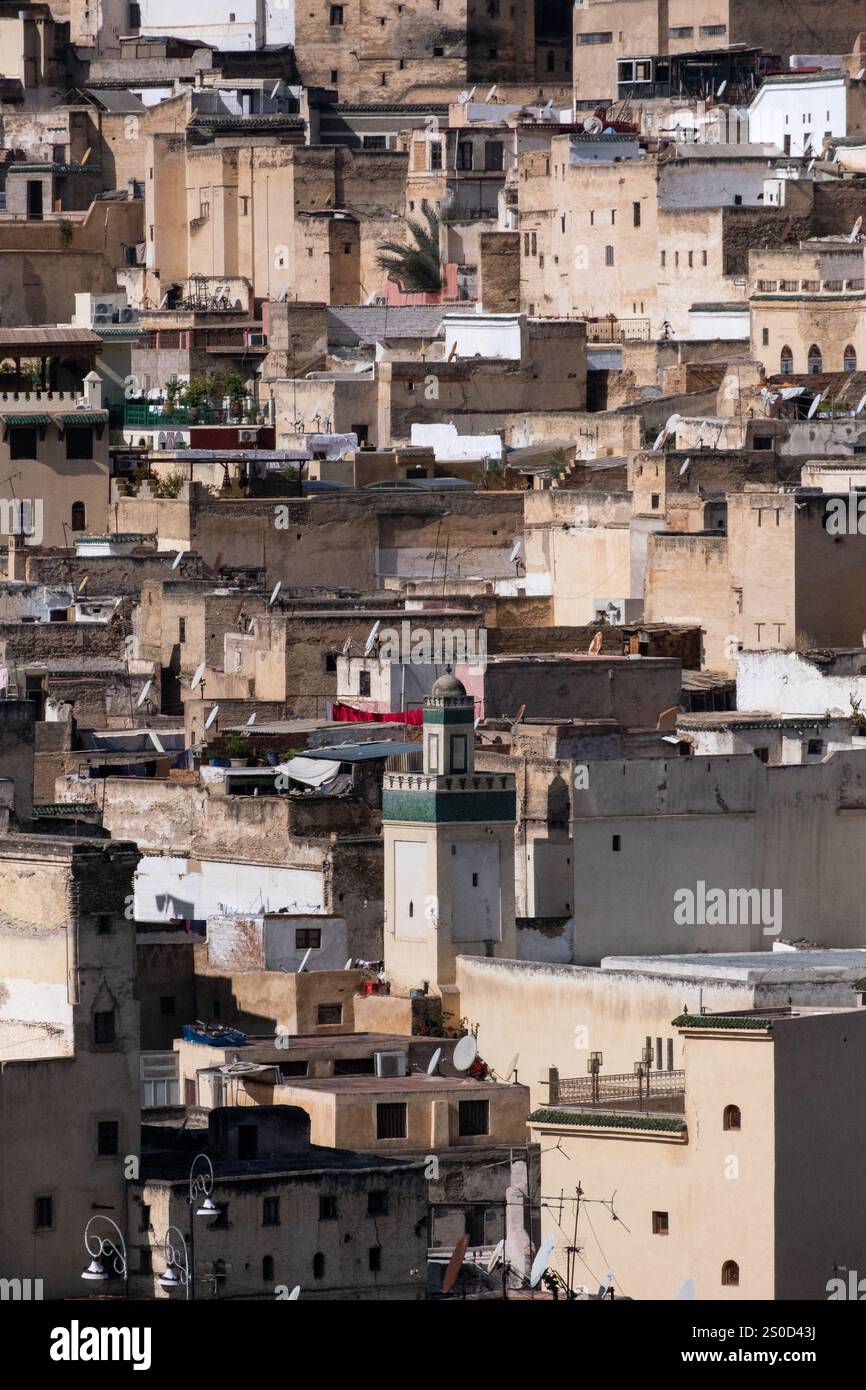 Landscape of the medina in Fes with mosque minaret in Morocco on 2 ...