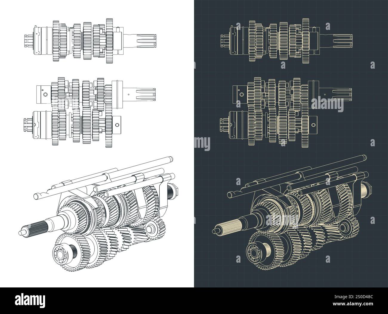 Stylized vector illustrations of gearbox mechanisms blueprints Stock ...