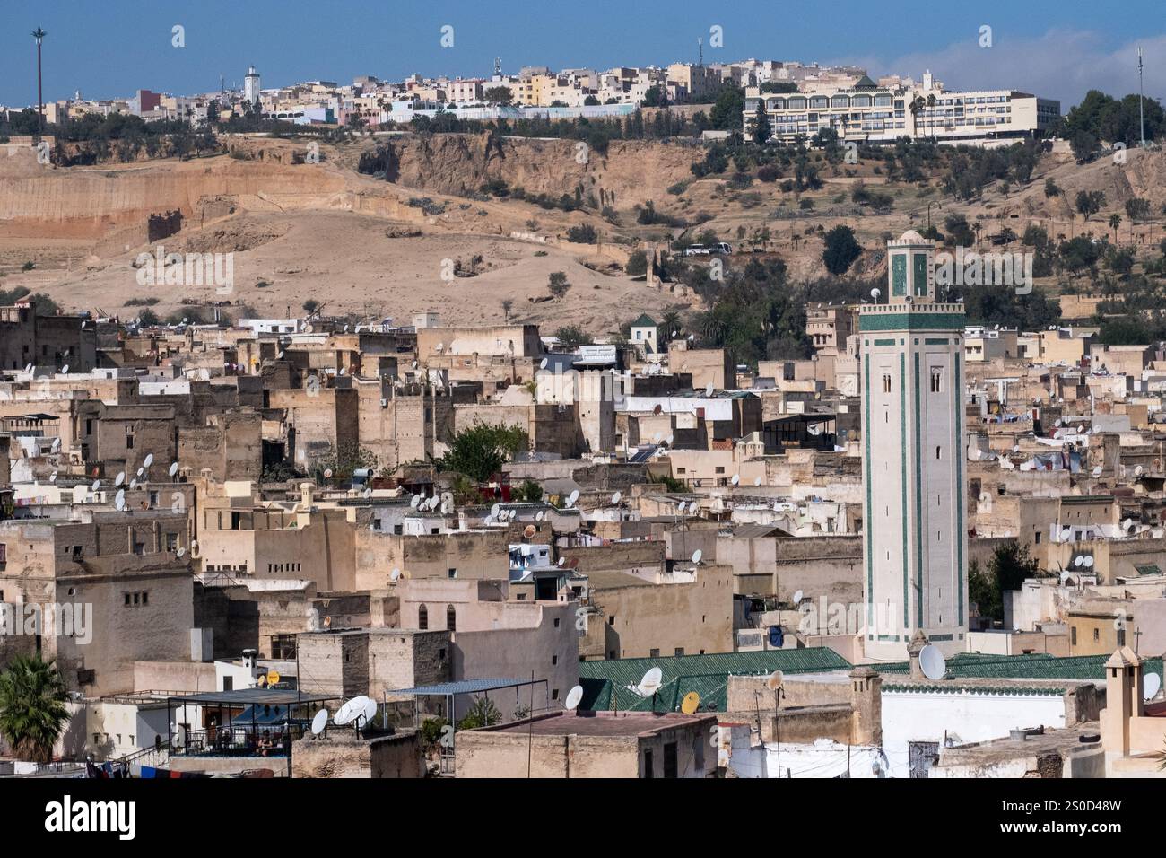 Landscape of the medina in Fes with mosque minaret in Morocco on 2 ...