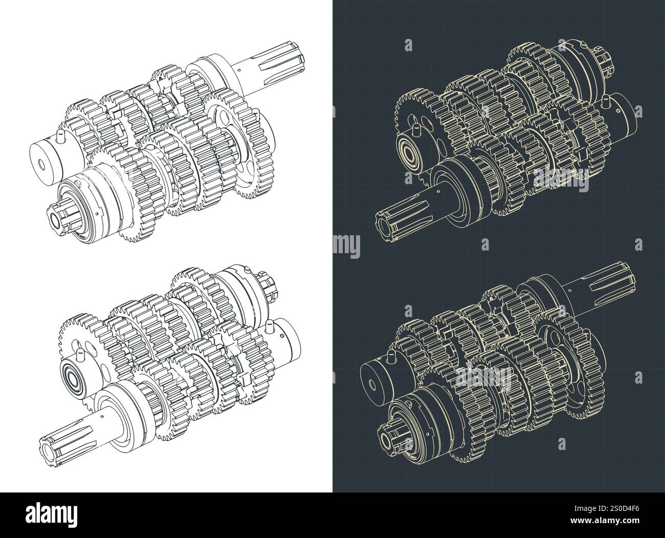 Stylized vector illustrations of a motorcycle transmission blueprints ...