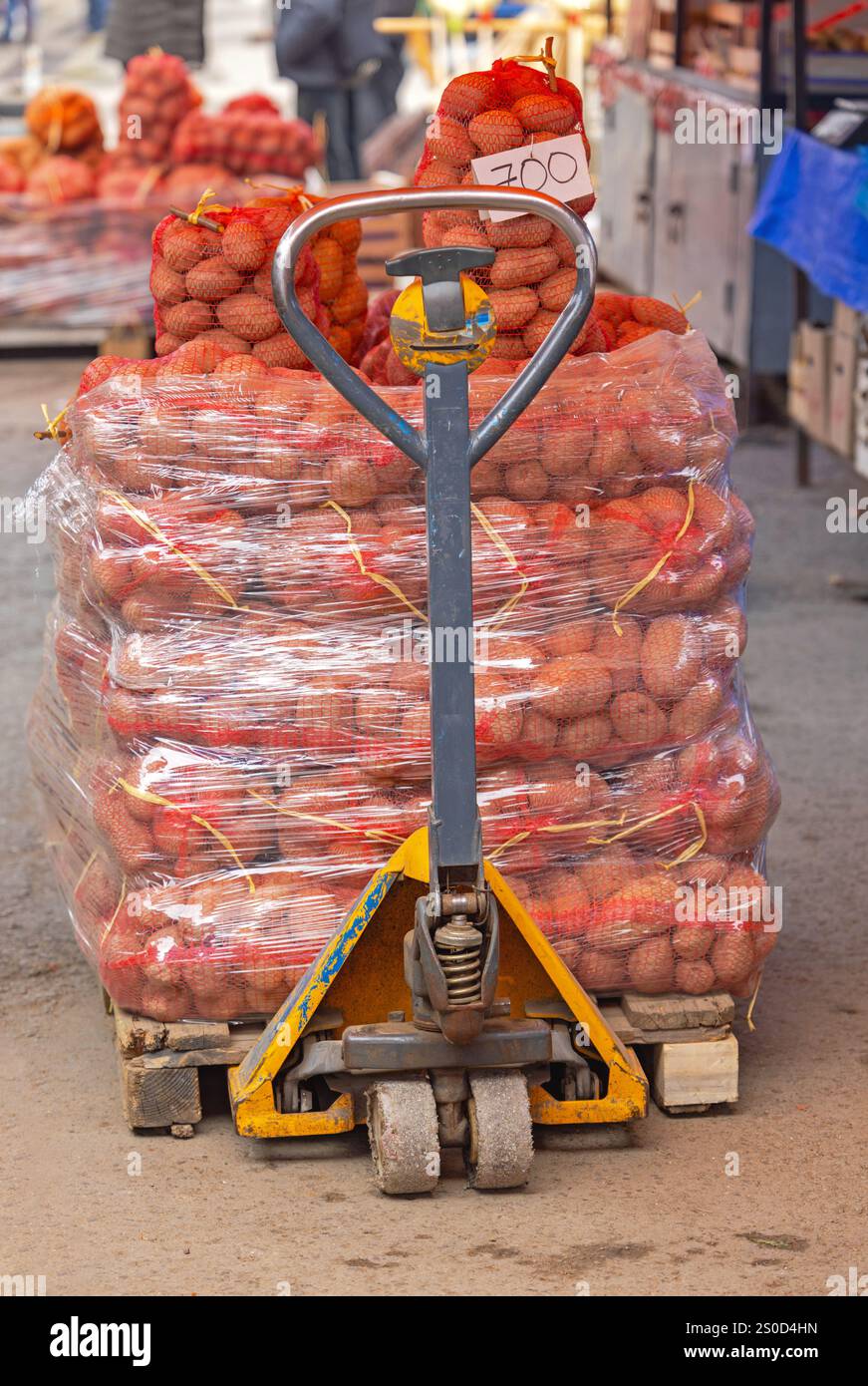 Stacks of Potato in Sacks at Pallet Jack Wholesale Market Stock Photo ...