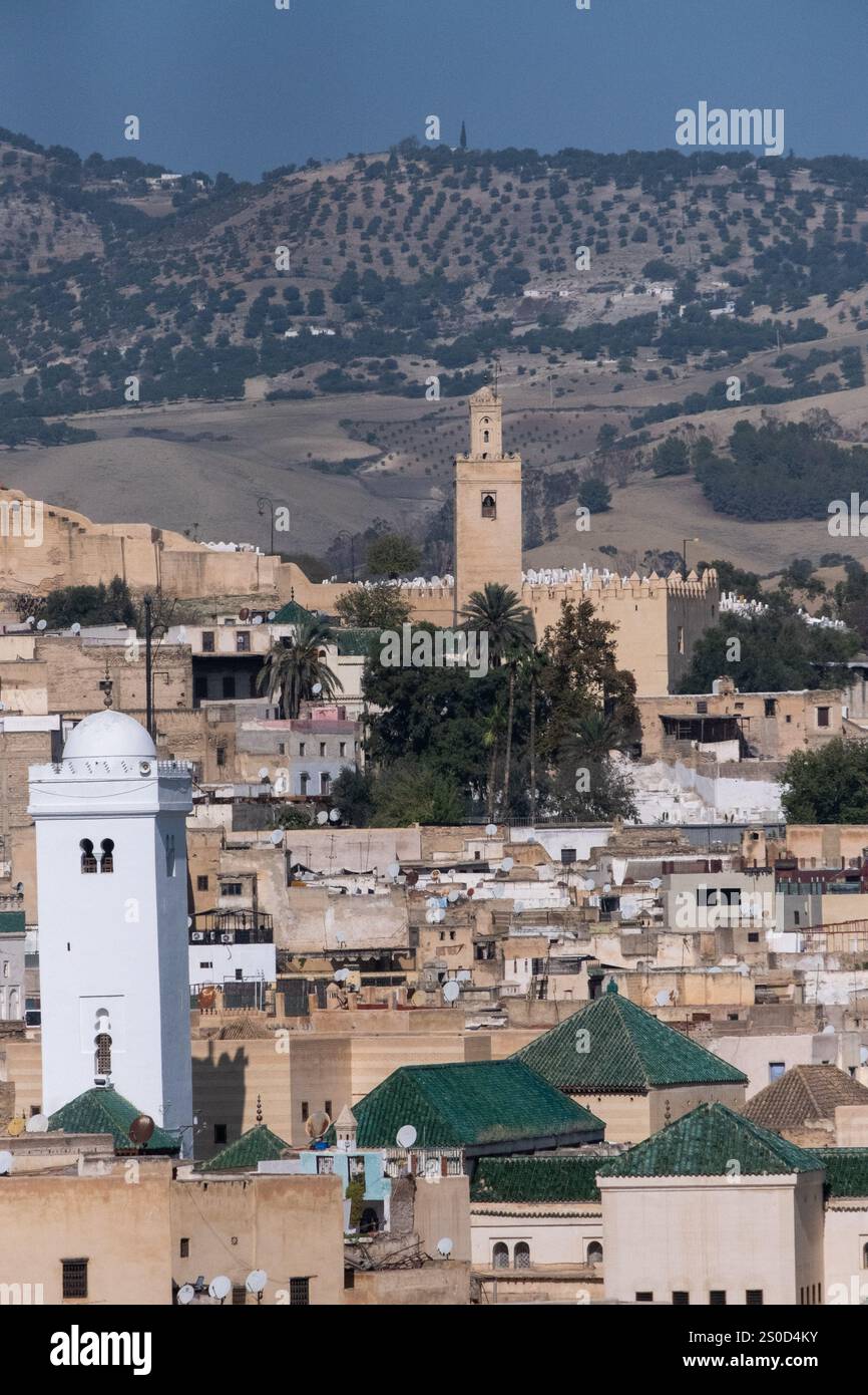 Landscape of the medina in Fes with mosque minaret in Morocco on 2 ...