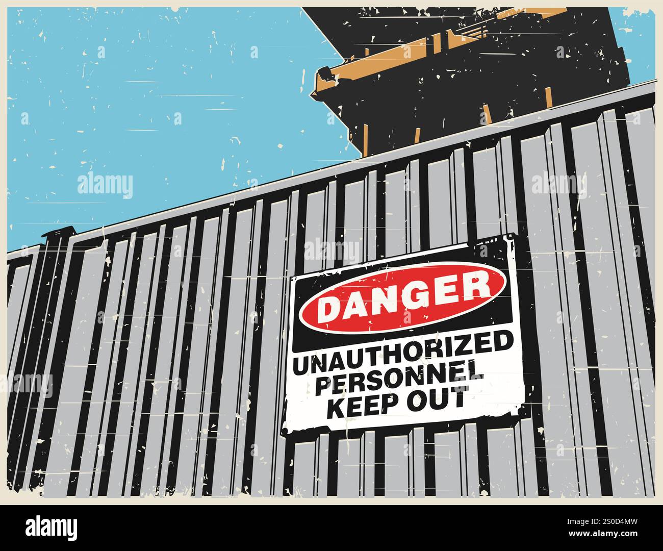 Metal fence with a warning sign close up retro poster illustration ...
