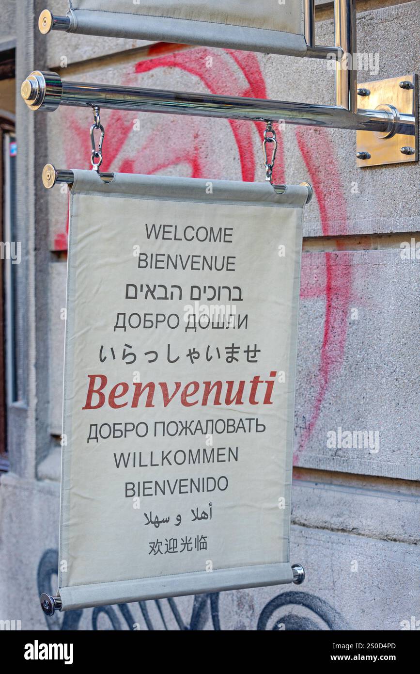 Multi Language Welcome Greeting Message at Hanging Banner Sign Stock ...