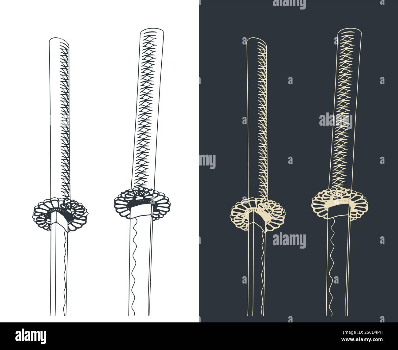 Stylized vector illustrations of Japanese katana swords close up Stock ...
