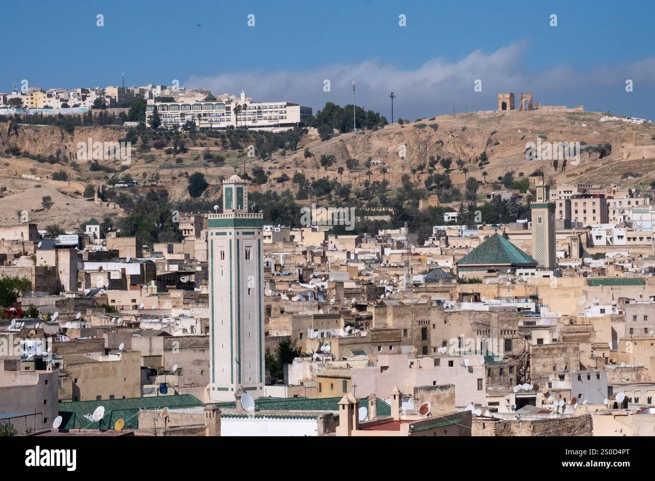 Landscape of the medina in Fes with mosque minaret in Morocco on 2 ...
