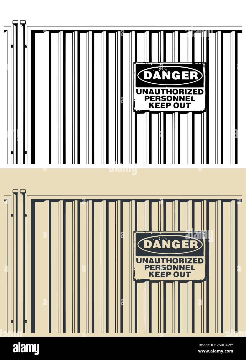 Metal fence of a closed guarded area with a warning sign close-up Stock ...