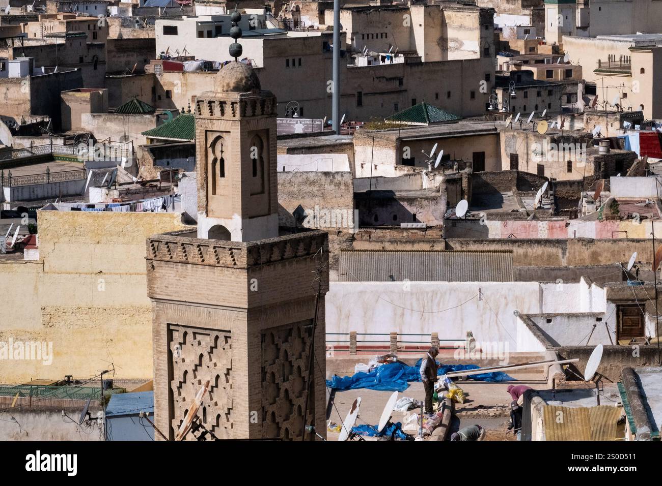 Landscape of the medina in Fes with mosque minaret in Morocco on 2 ...