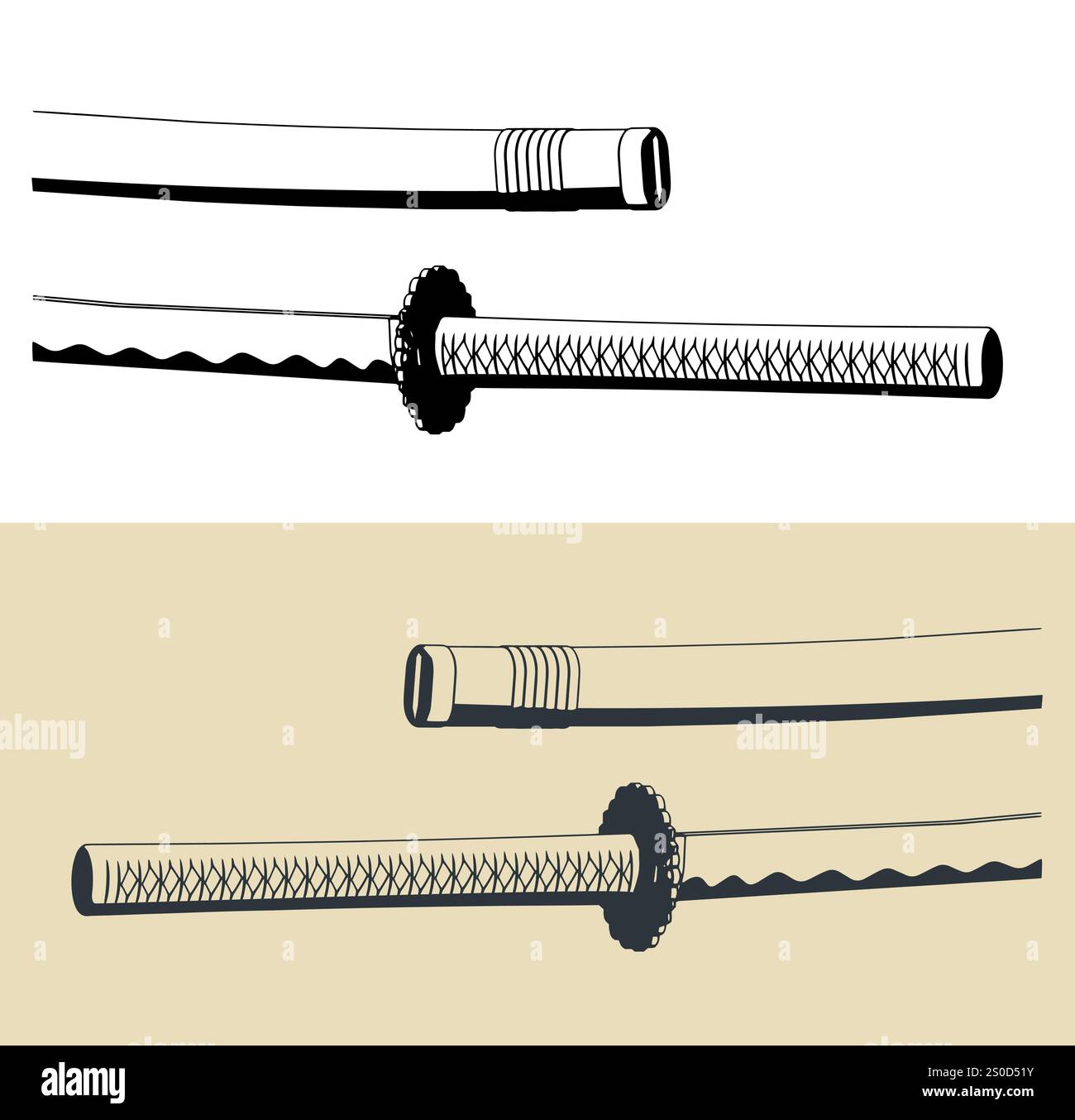 Stylized vector illustrations of a Japanese katana sword close-up Stock ...