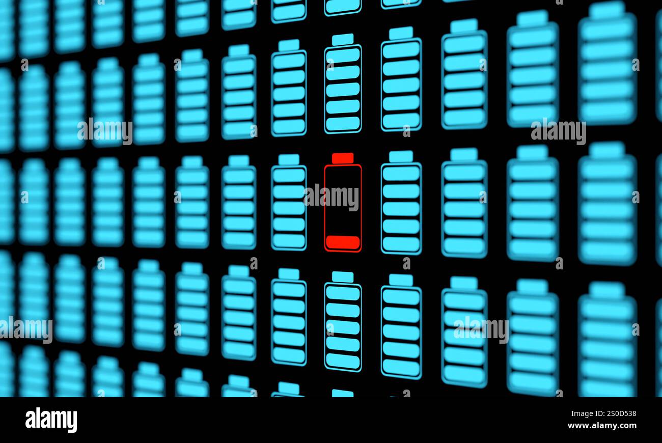 Close up control panel of full charged batteries, one battery is empty ...