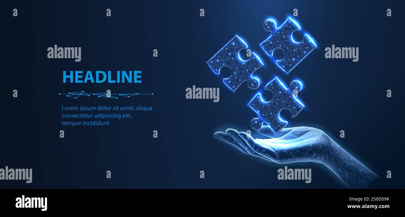 Three puzzles on blue. Digital solution, partners cooperate, matching ...