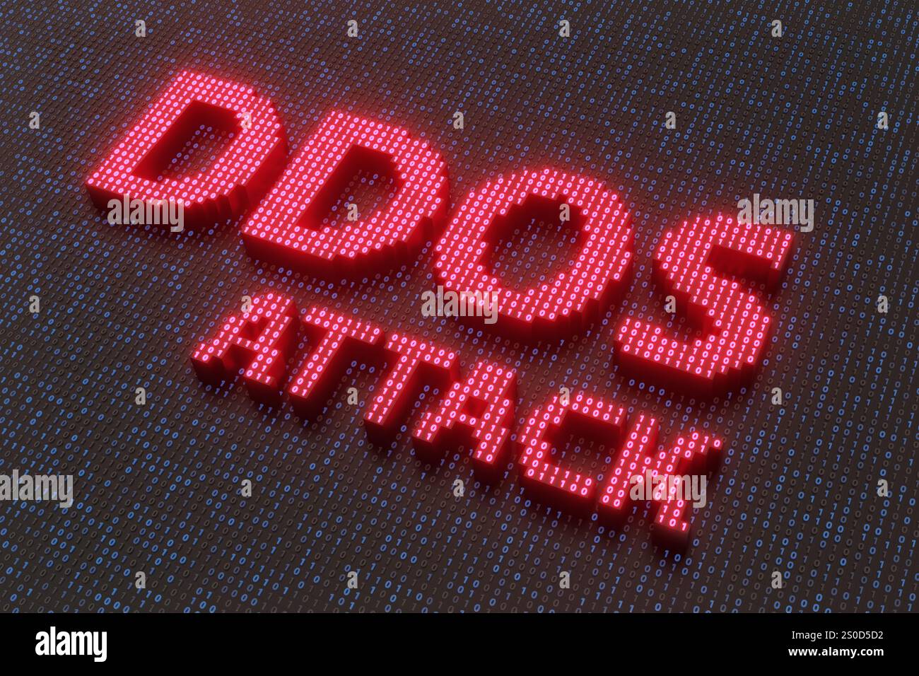 Red Glowing Letters Ddos Attack Protruding From A Grid Of Black Square Blocks Of Binary Code