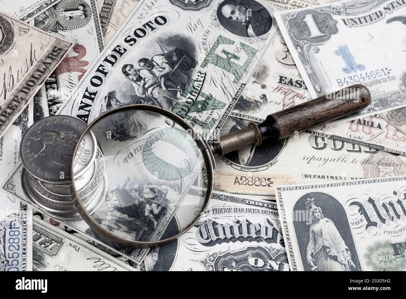 Retro vintage US greenback banknotes and silver certificates with ...