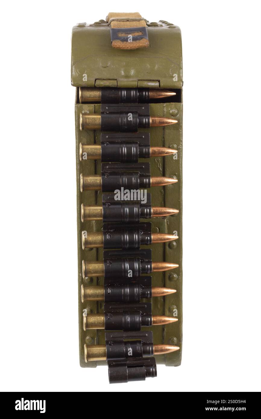 Machine Gun Ammo Belt with Ammunition with green ammo box Stock Photo ...