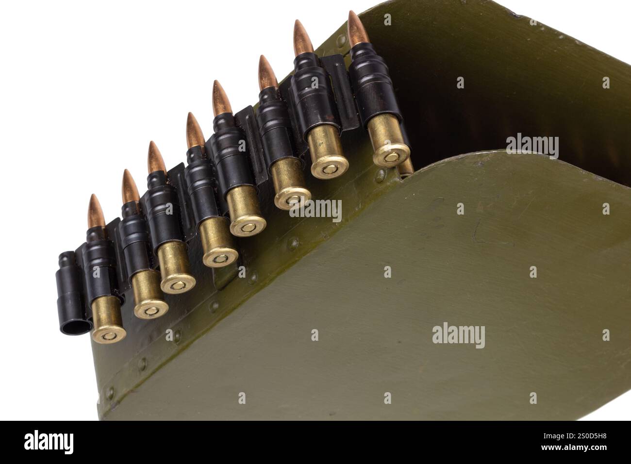Machine Gun Ammo Belt with Ammunition with green ammo box Stock Photo ...