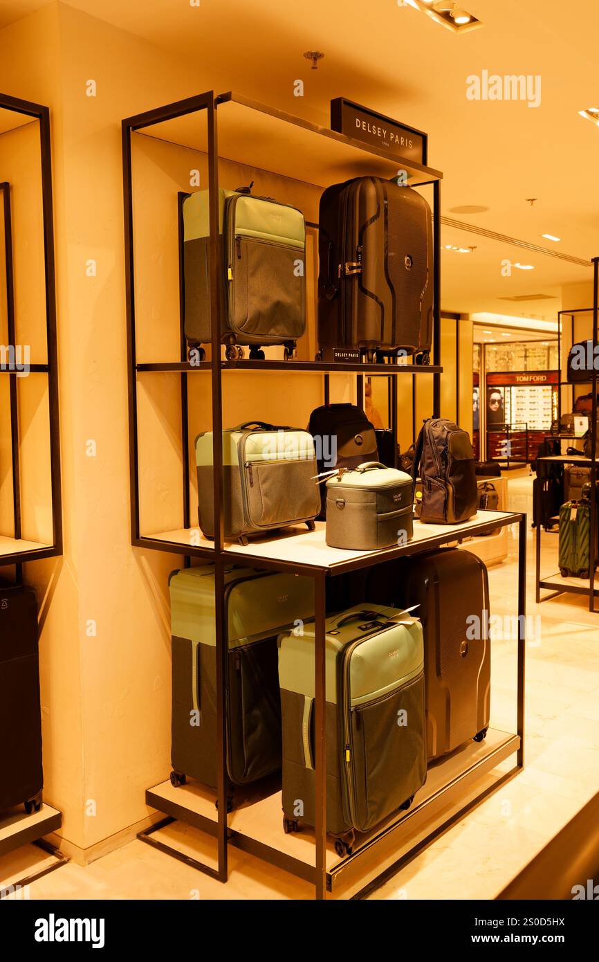 Stylish luggage display in a modern retail store showcasing various ...