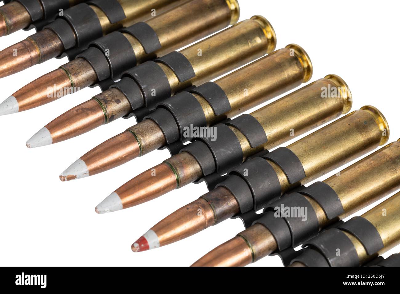 .50 BMG caliber machine gun ammunition belt with cartridges isolated on ...