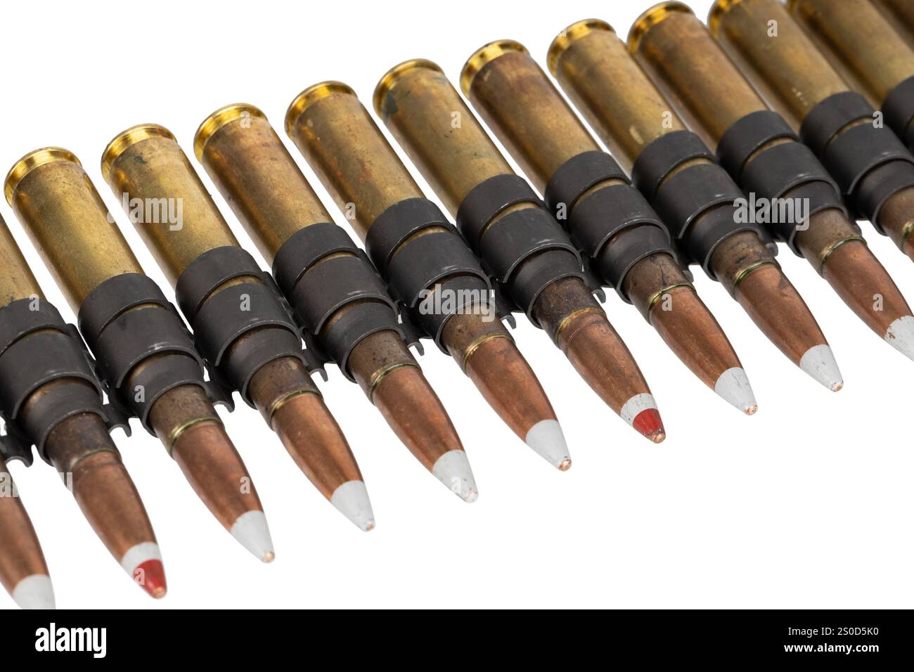 .50 BMG caliber machine gun ammunition belt with cartridges isolated on ...