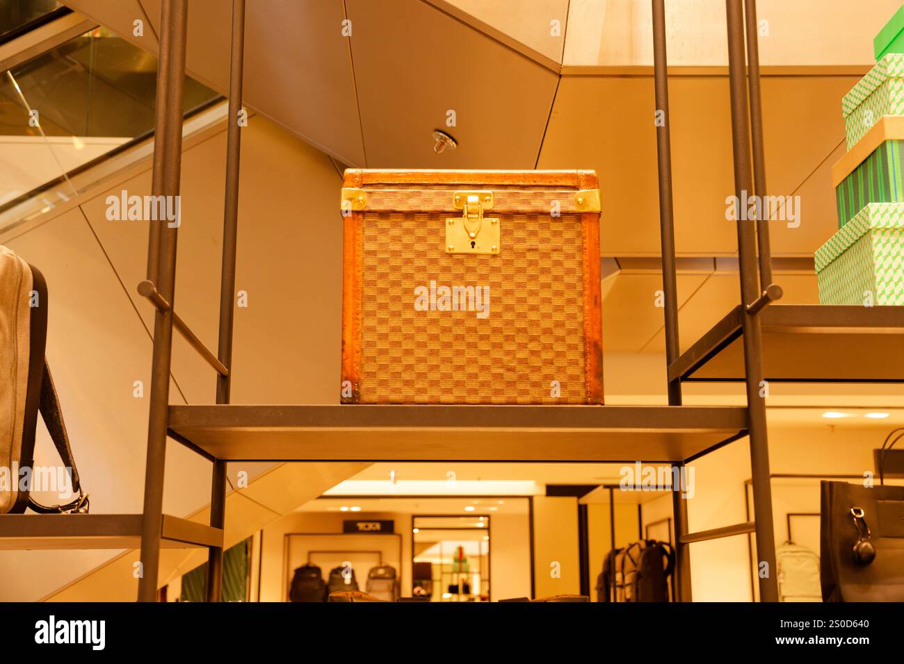 Stylish luxury storage trunk displayed prominently in a modern boutique ...