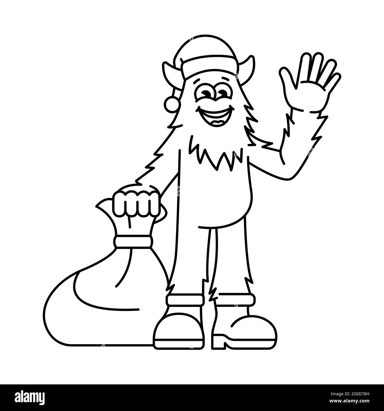 Yeti character with a bag of Christmas presents color line illustartion ...