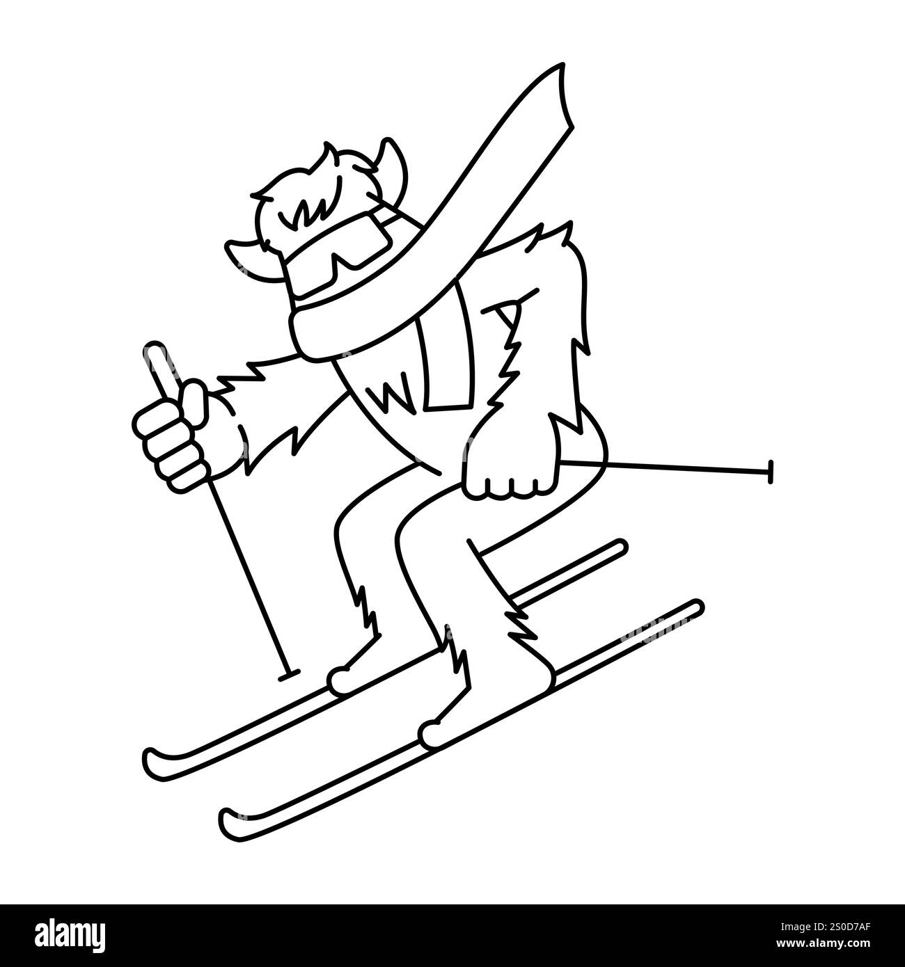 Yeti character is skiing color line illustartion. Vector isolated ...