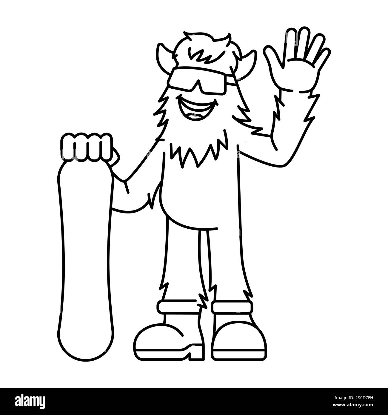 Yeti character with a snowboard color line illustartion. Vector ...