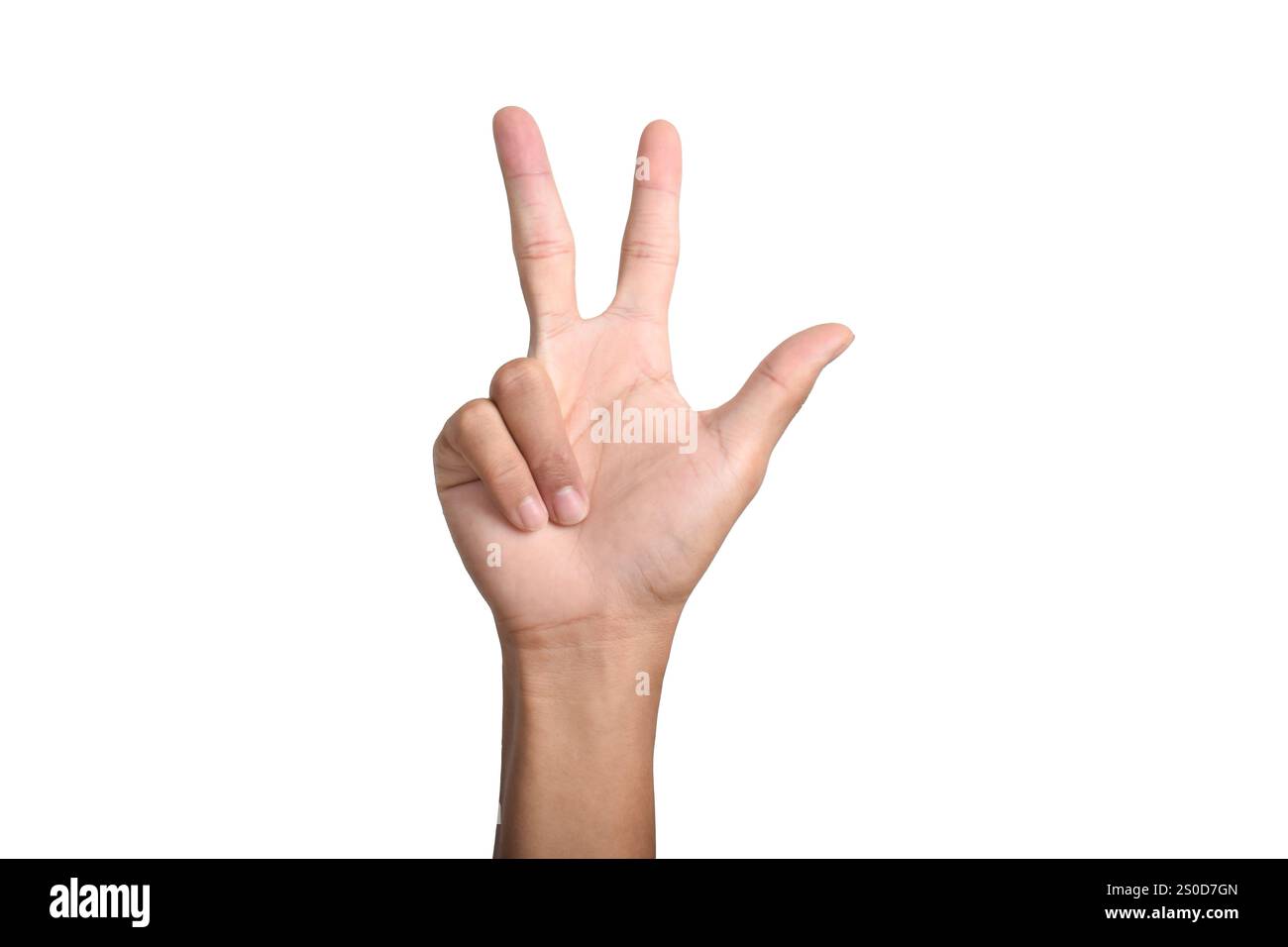 A Caucasian male hand showing the number three gesture isolated on a white background Stock ...