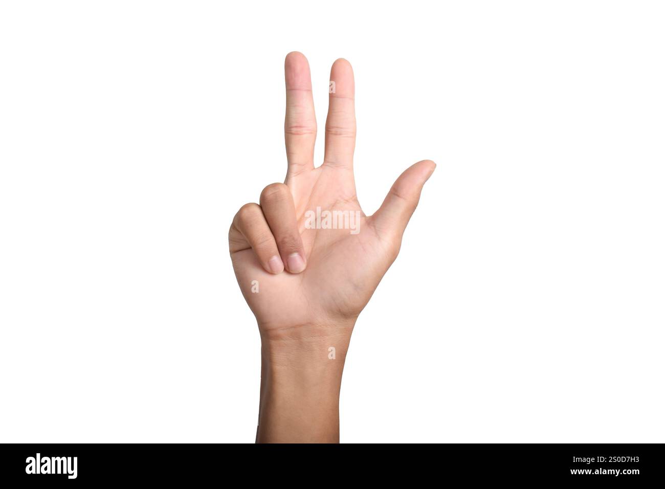 A Caucasian male hand showing the number three gesture isolated on a white background Stock ...