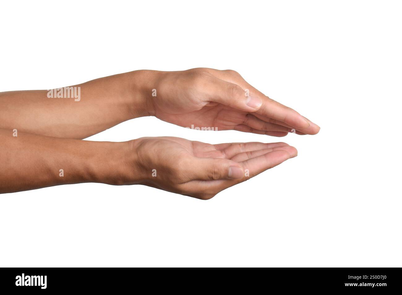 Male hand protecting or caring for something isolated on white ...