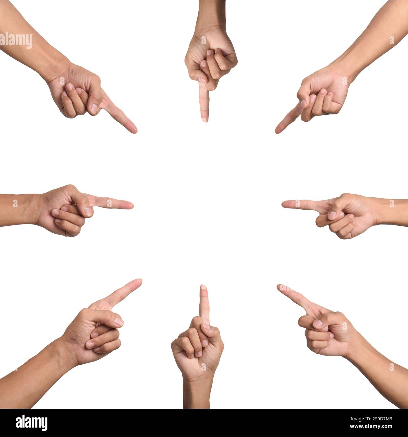 Collection of hand pointing gestures to one point isolated on white background. Man pointing ...