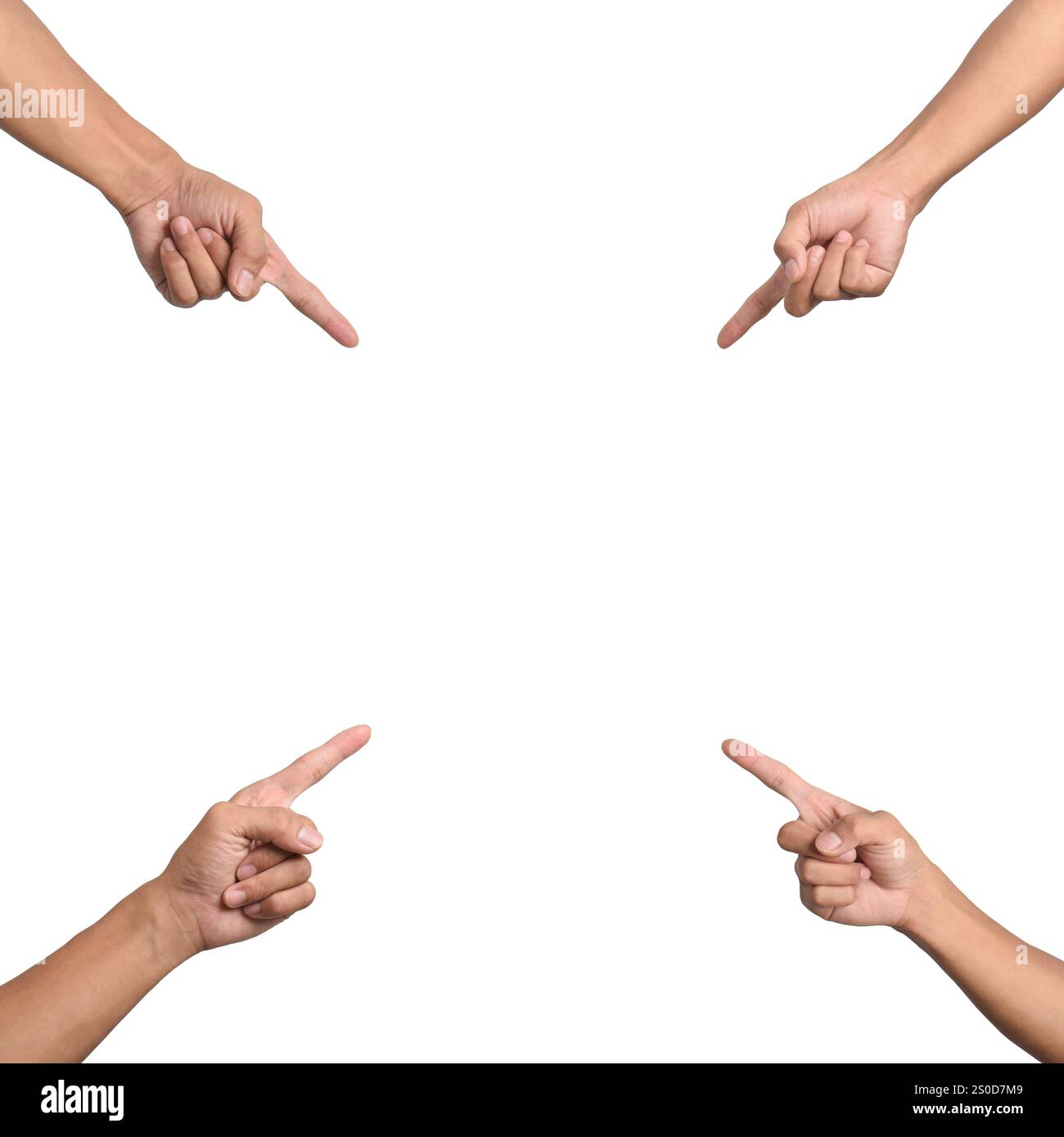 Collection of hand pointing gestures to one point isolated on white ...
