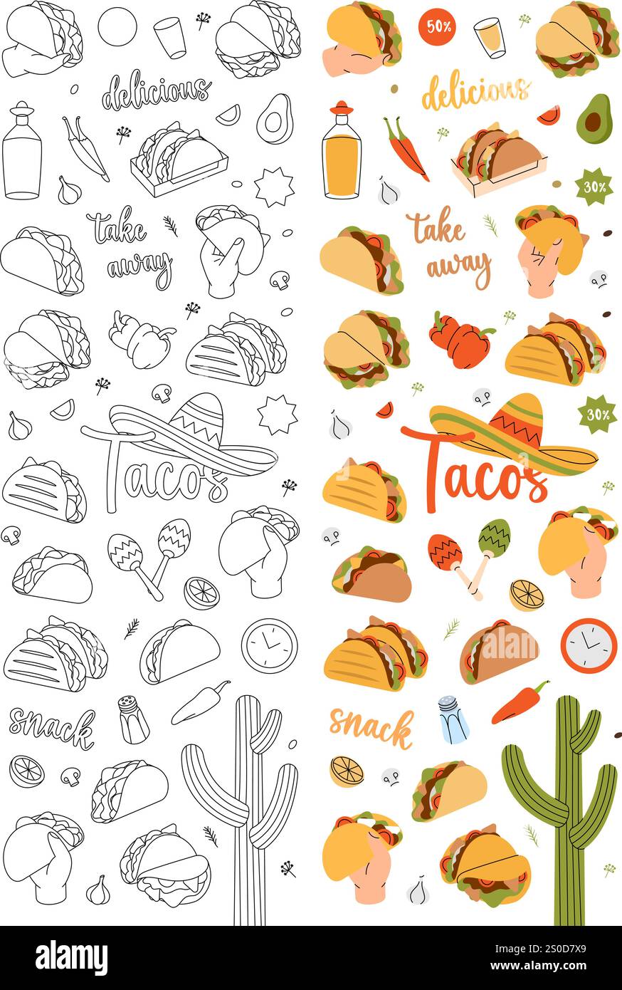 Tacos elements in vertical banner. Tacos with meat, vegetable and ...