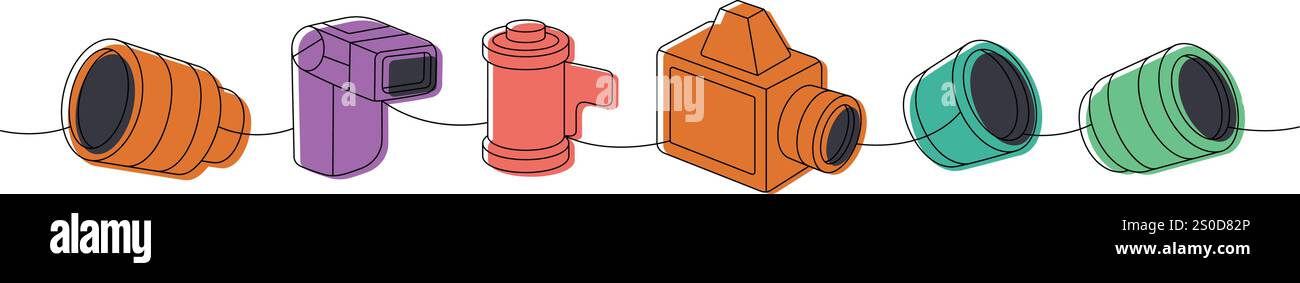 Photo camera set one line colored continuous drawing. External flash ...