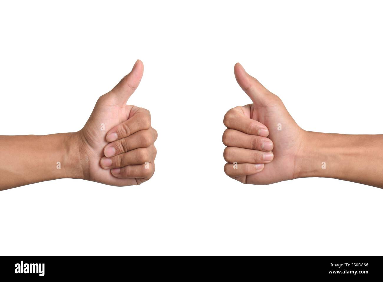 Both male hands showing thumbs up gesture isolated on white background ...