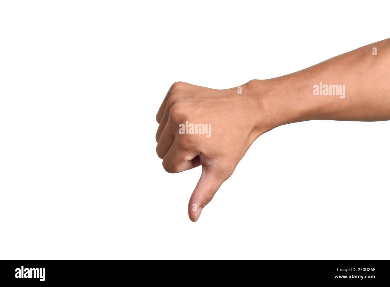 Man hands showing thumbs down dislike gesture isolated on white ...