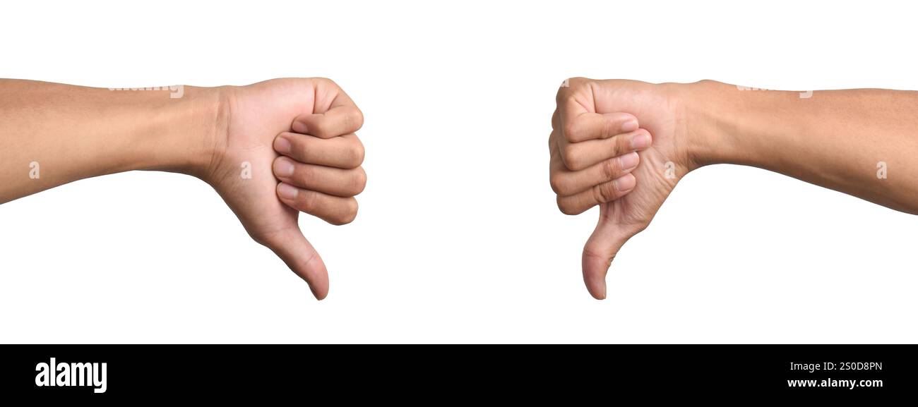 Two male hands showing thumbs down sign isolated on white background ...