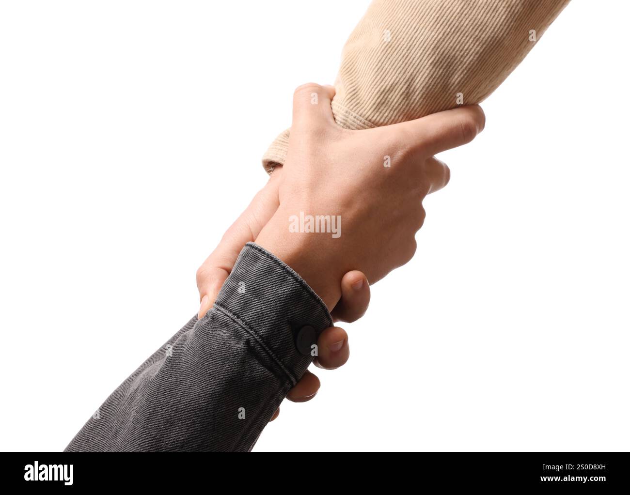 Help and support. People holding hands on white background, closeup ...