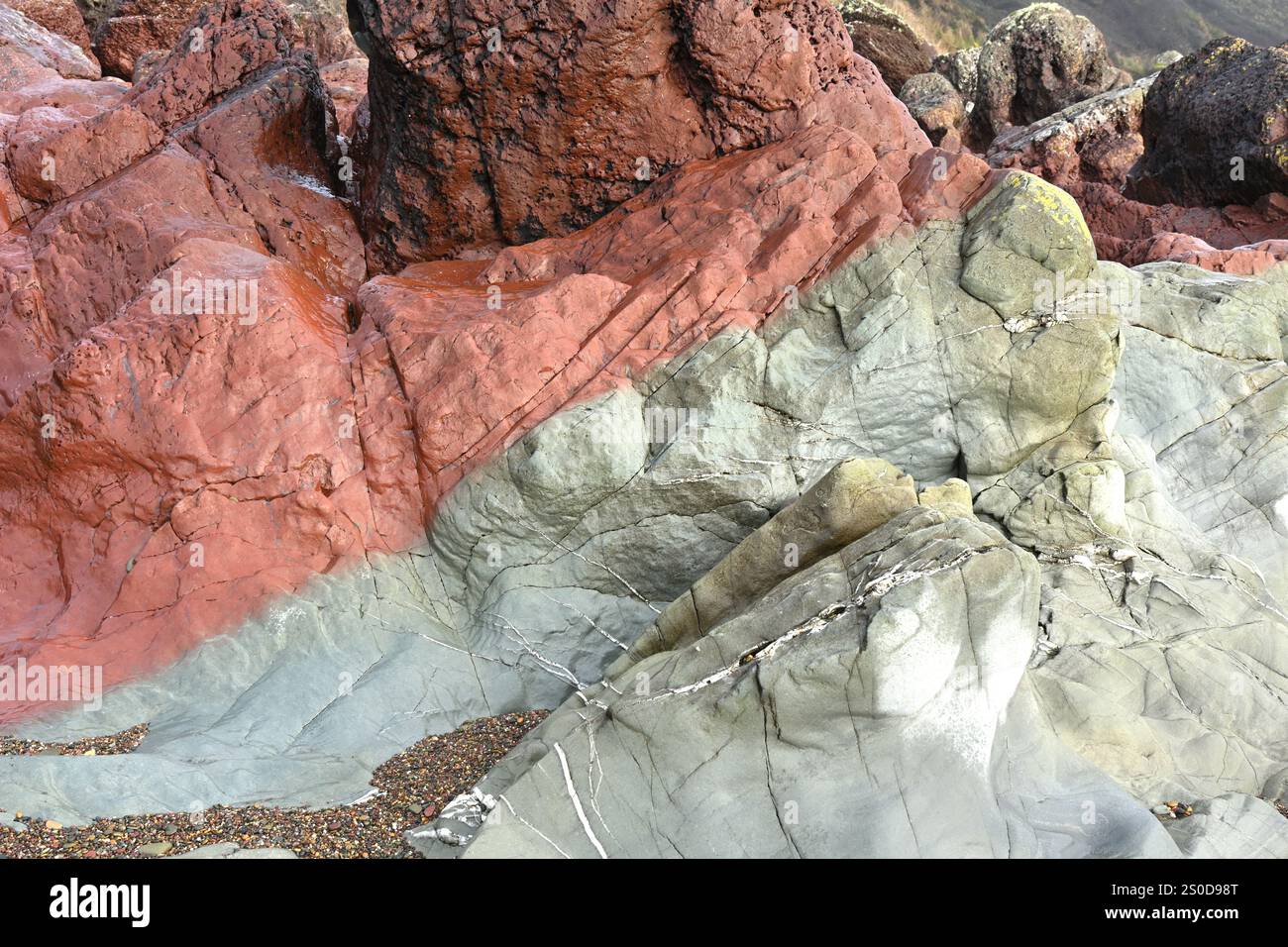 Two tone red and grey green rock formations on the beach at Freshwater ...