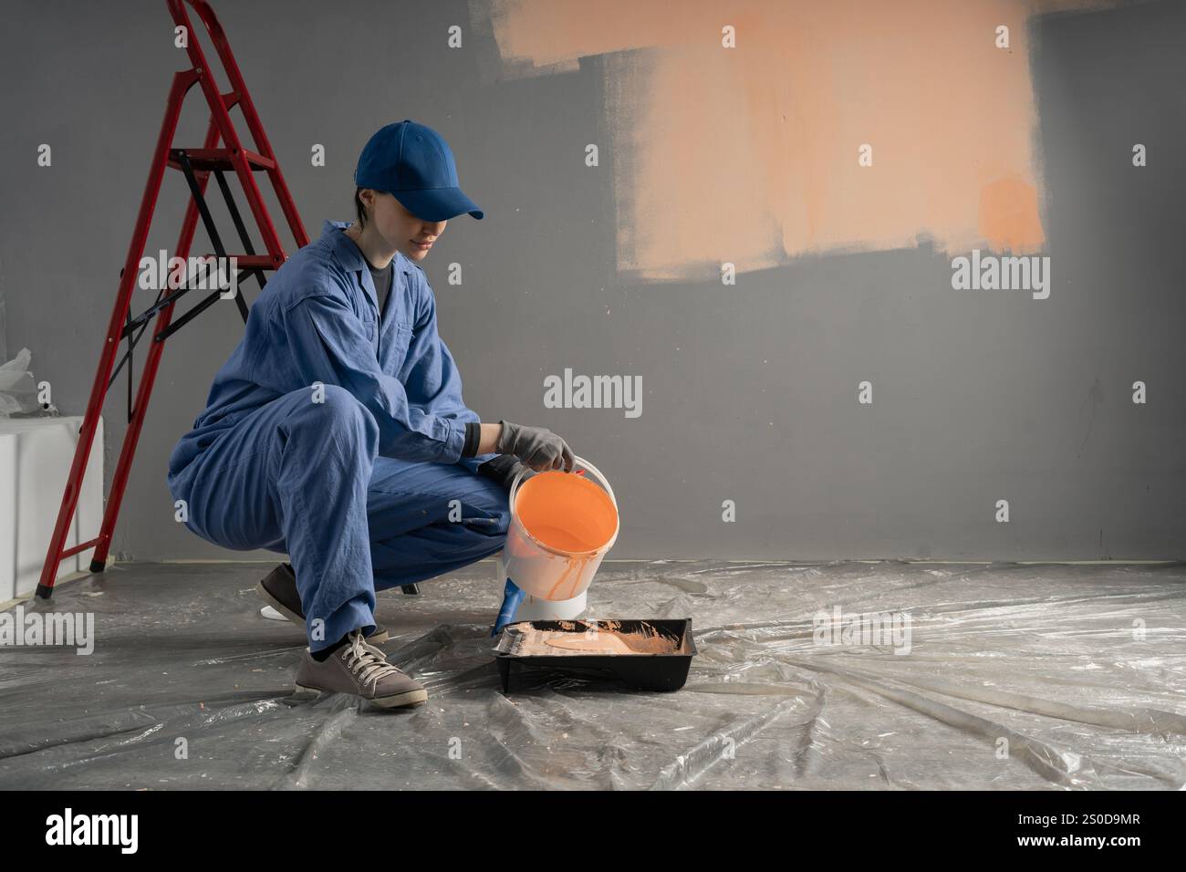 Young female artist pours paint into tray. Renovating the rooms of the ...