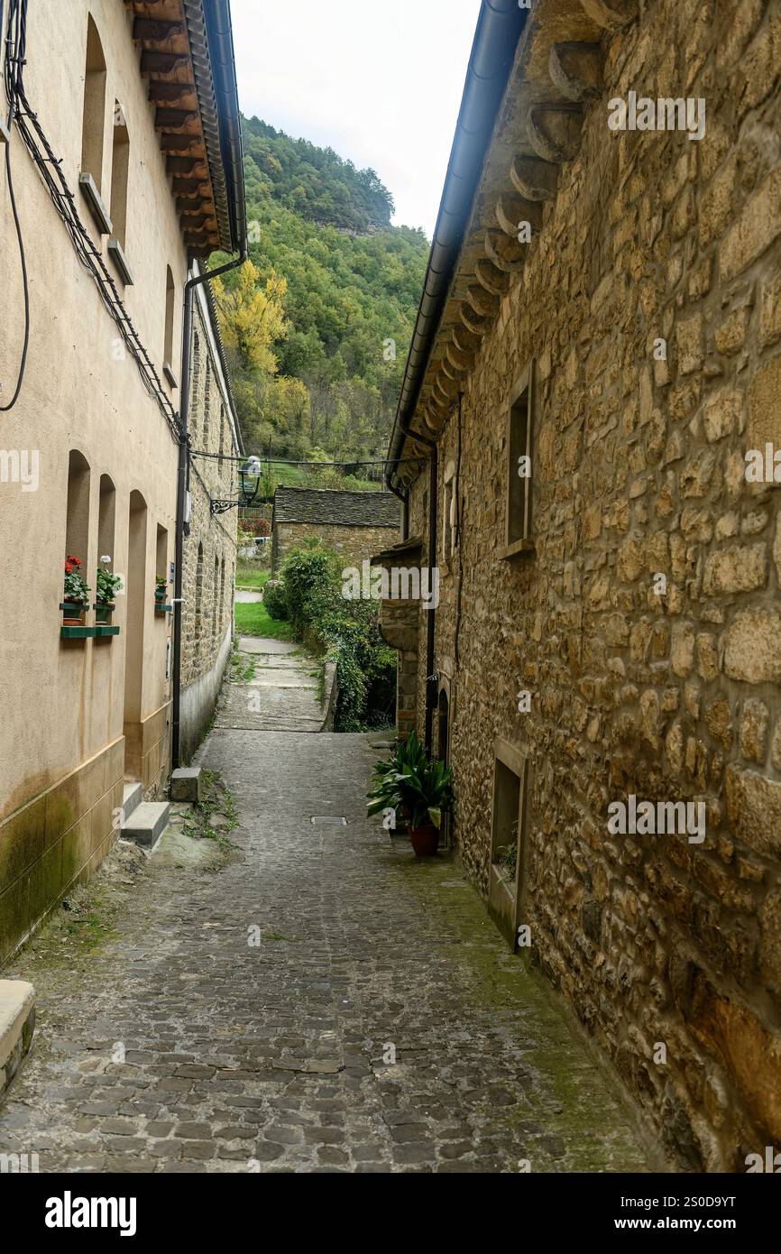 Picturesque cobbled alleyway flanked by rustic stone and plaster ...