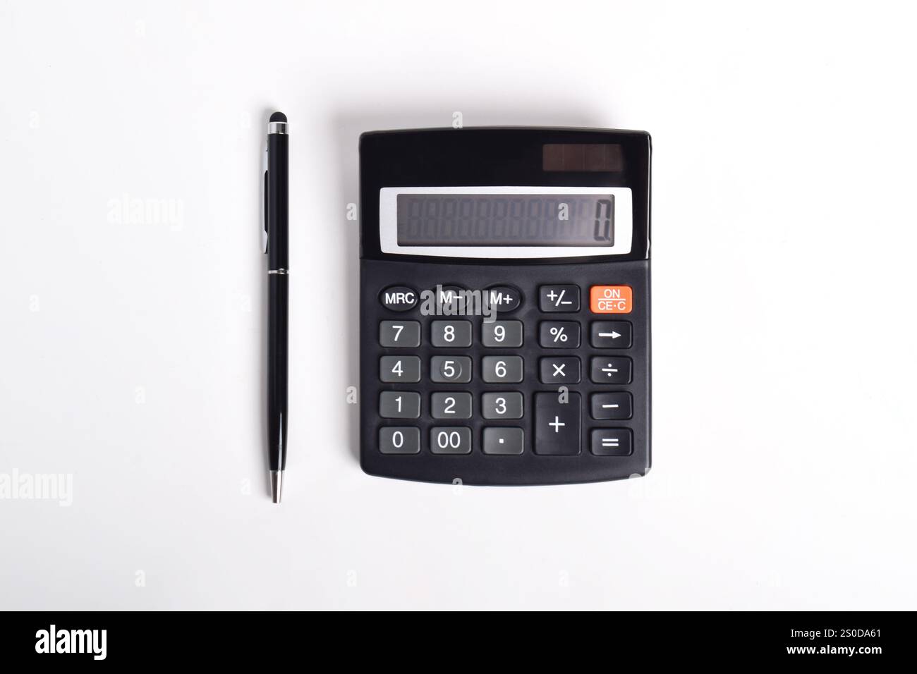 Black Calculator with pen isolated on white background. Financial ...