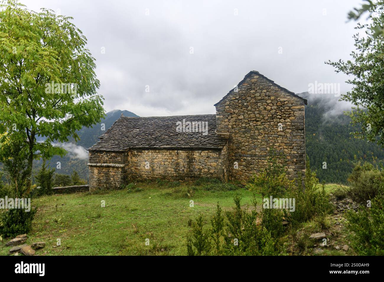 Romanesque stone church undergoing restoration, located in a lush rural ...